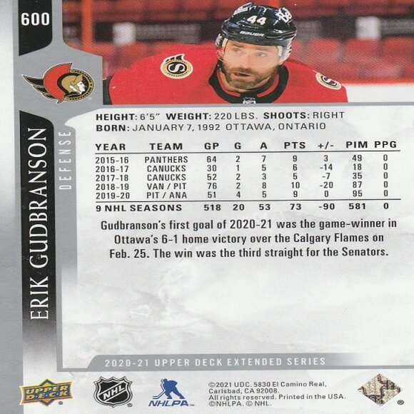 Upper Deck | Toys | Erik Gudbranson 220202 Upper Deck Extended Series ...